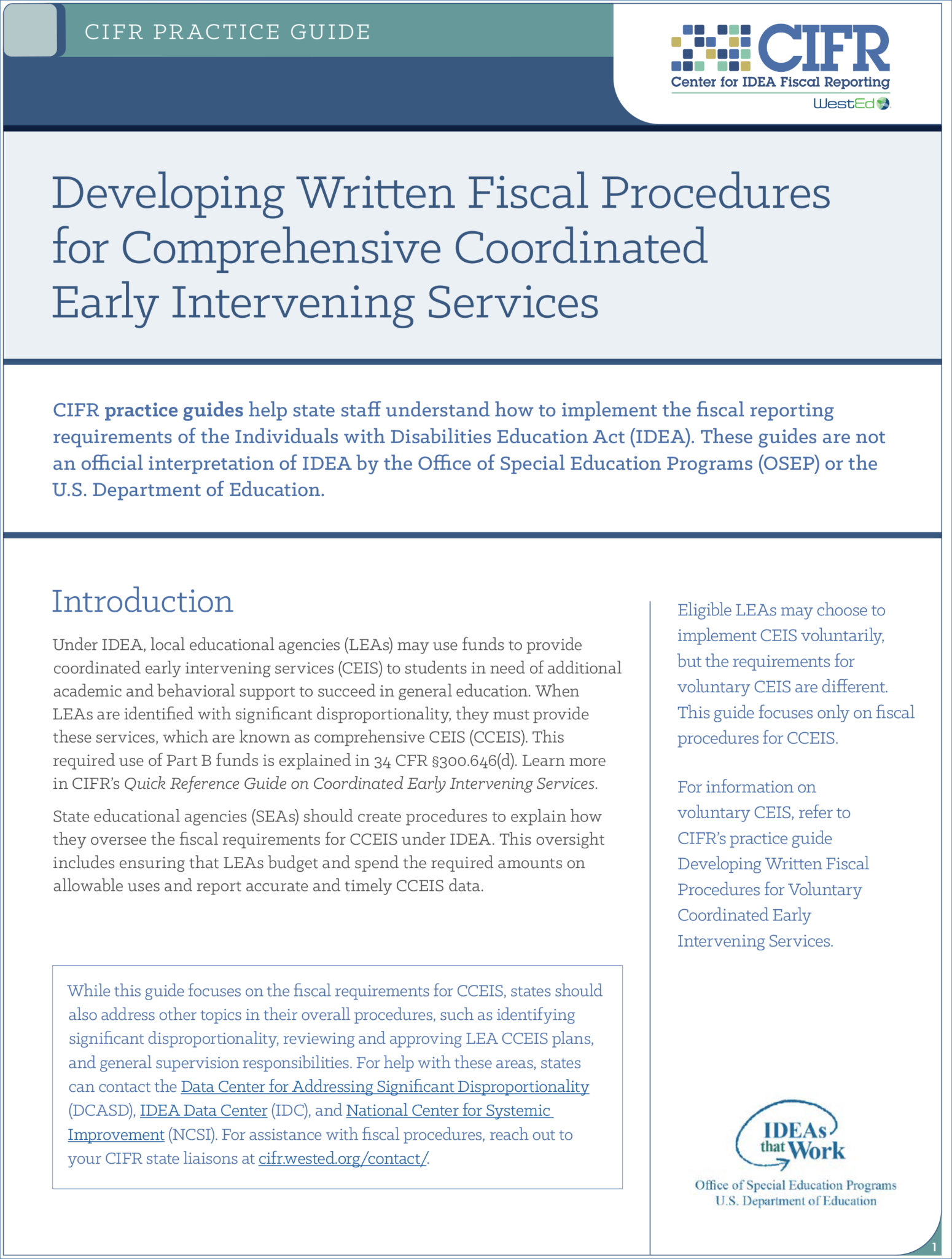 Developing Written Fiscal Procedures for Comprehensive Coordinated Early Intervening Services ...
